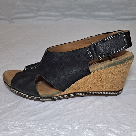 Clarks | Shoes | Clarks Wedge Sandals Womens 75m Blacktan 3 Cork Heels ...